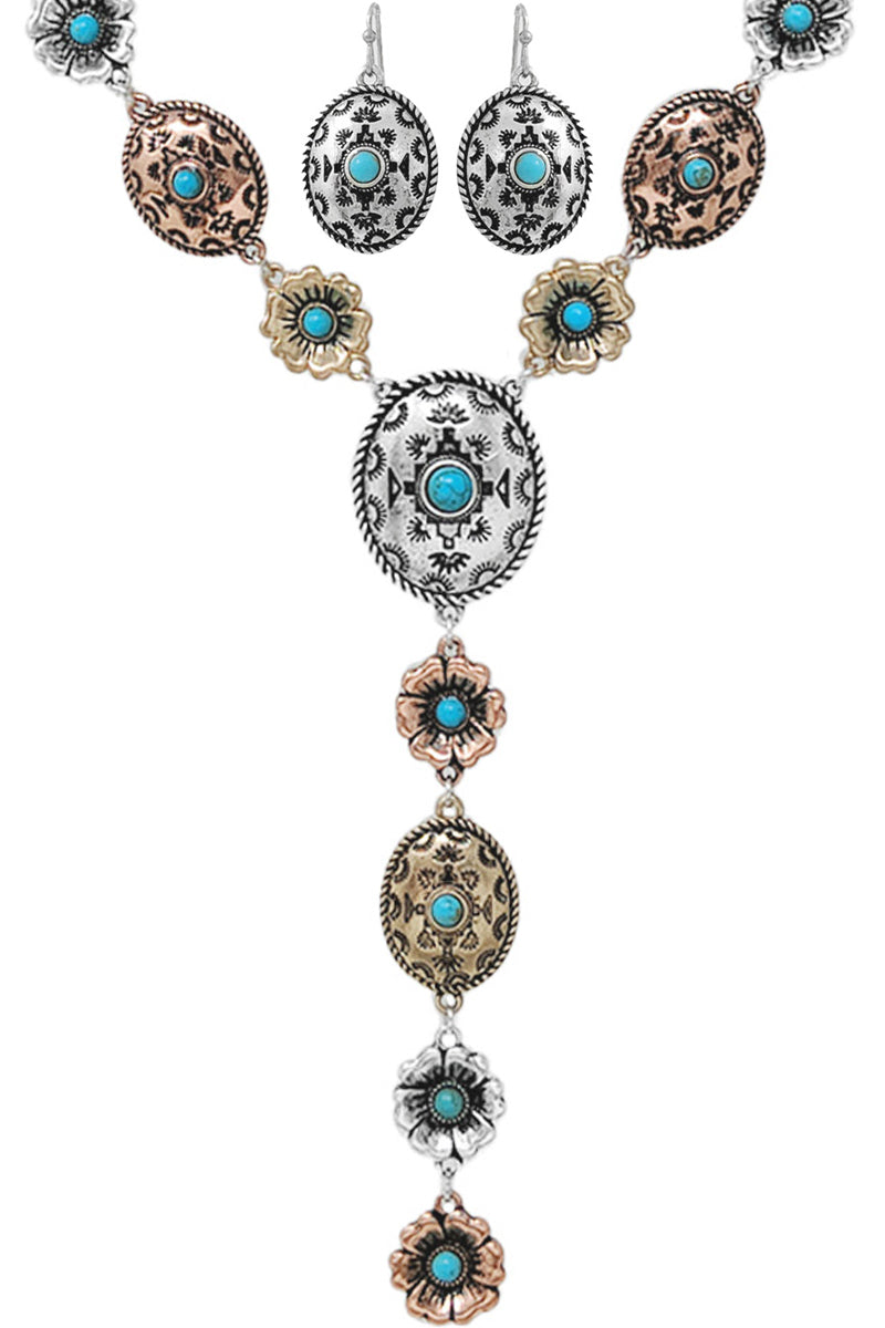 WESTERN AZTEC GEMSTONE FLOWER LARIAT Y CHAIN NECKLACE SET – BLANDICE ...